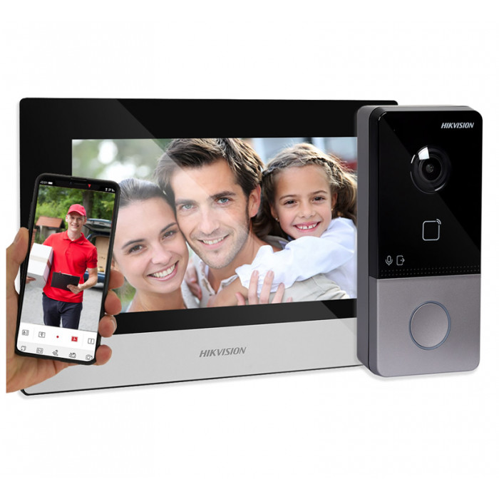 Kit videointerfon IP Hikvision pentru 1 familie, 1 post de interior