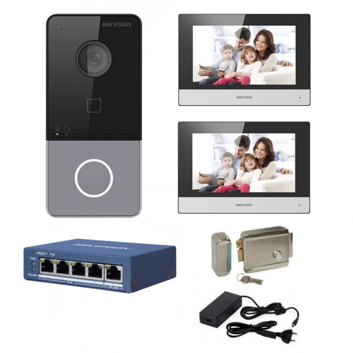 Kit complet videointerfon IP Hikvision pentru 1 familie, 2 posturi de ...