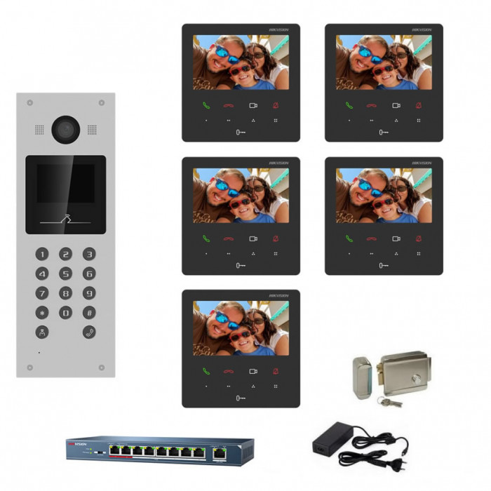 Kit complet videointerfon IP Hikvision pentru 5 apartamente, 5 posturi ...